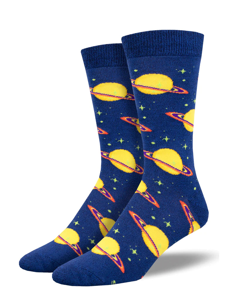 Starstruck By Saturn Space Planets Men's Bamboo Crew Socks